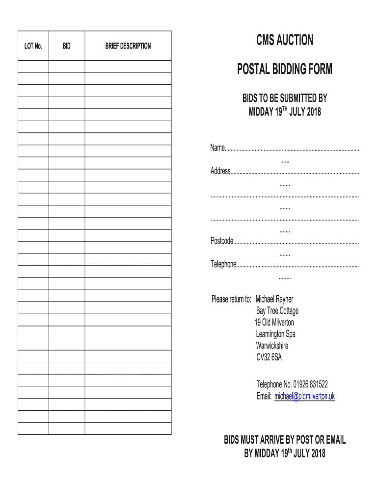 Fillable Online cms auction postal bidding form - Cricket Memorabilia ...
