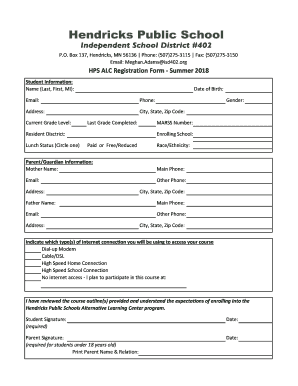 Fillable Online HPS ALC Registration Form - Summer 2018 - Hendricks ...