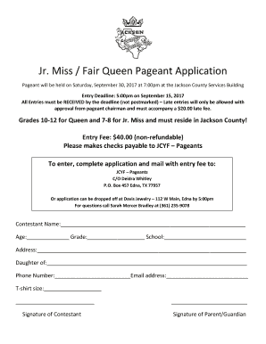 Fillable Online Jr. Miss / Fair Queen Pageant Application - Jackson ...