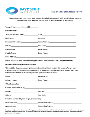 Fillable Online Patient Information Form - Save Sight Institute Fax ...