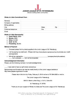 Fillable Online Whale of a Sale Commitment Form Name(s) - The Junior ...