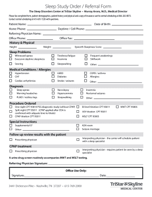 Fillable Online TriStar Skyline Medical Center - Sleep Study Order ...