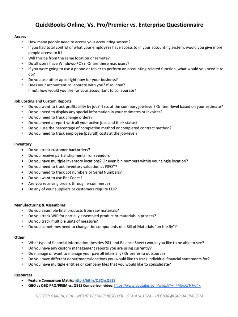 Fillable Online QuickBooks Online, Vs. Pro/Premier vs. Enterprise ...