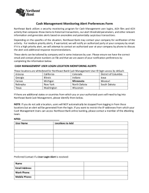 Fillable Online Cash Management Monitoring Alert Preferences Form Fax ...