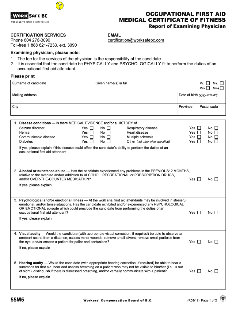 Occupational First Aid Medical Certificate Of Fitness. Form 55M5 - Fill ...