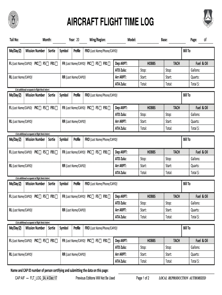 Fillable Online AIRCRAFT FLIGHT TIME LOG - ? ATA Zulu: Total: Total ...