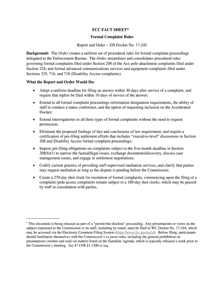 Fillable Online FCC FACT SHEET* Formal Complaint Rules Report and Order ...