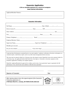 Fillable Online Guarantor Application - Glenrock Apartment Homes Fax ...