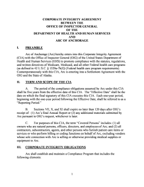 Fillable Online oig hhs Arc of Anchorage Corporate Integrity Agreement ...