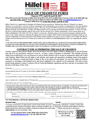 Fillable Online sale of chametz form - Hillel at Binghamton Fax Email Print - pdfFiller