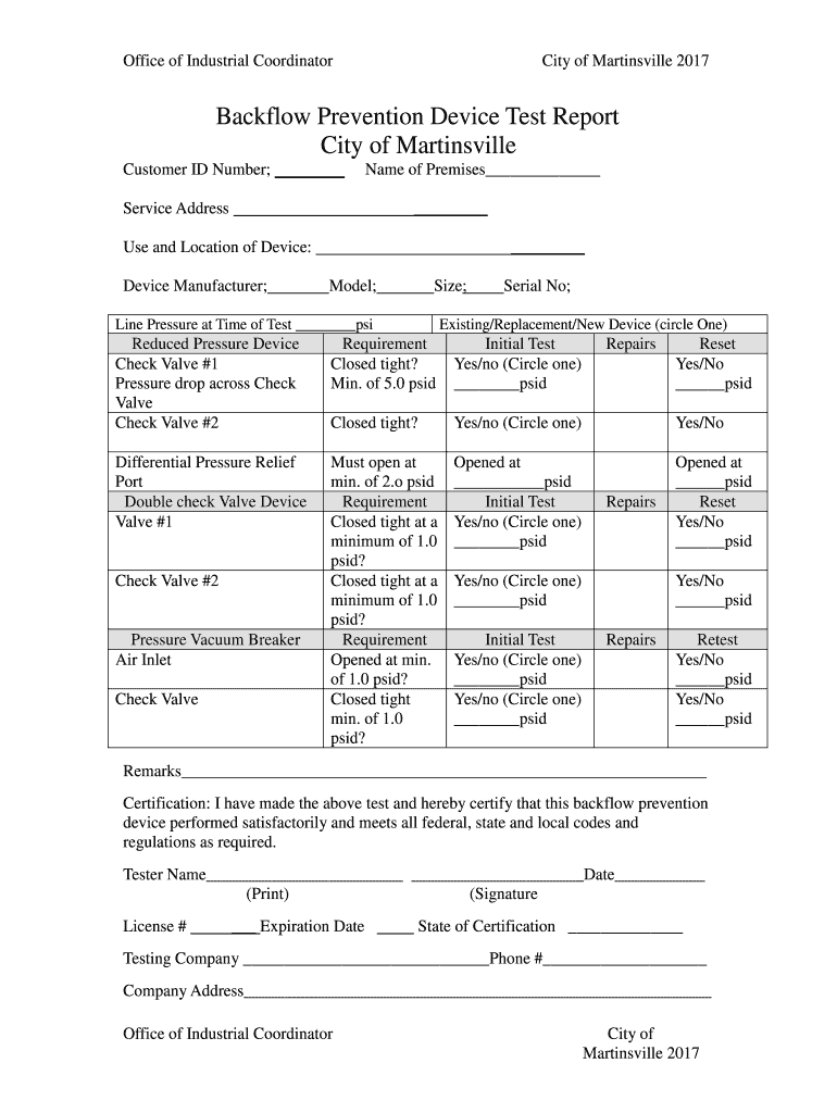 Fillable Online Backflow Prevention Device Test Report City of ...