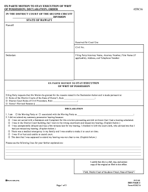 Fillable Online Ex Parte Motion to Stay Execution of Writ of Possession ...