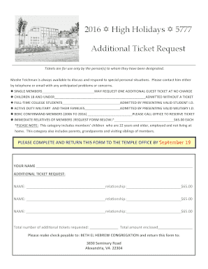 Fillable Online 2016 High Holidays 5777 Additional Ticket Request Fax ...