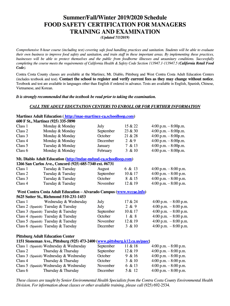 Fillable Online Food Safety Certification for Managers Schedule - Contra ... Fax Email Print ...