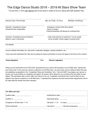 Fillable Online All Stars Tryout form - The Edge Dance Studio Fax Email ...
