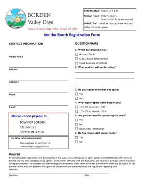 Fillable Online Vendor Booth Registration Form - Borden, Indiana Fax ...