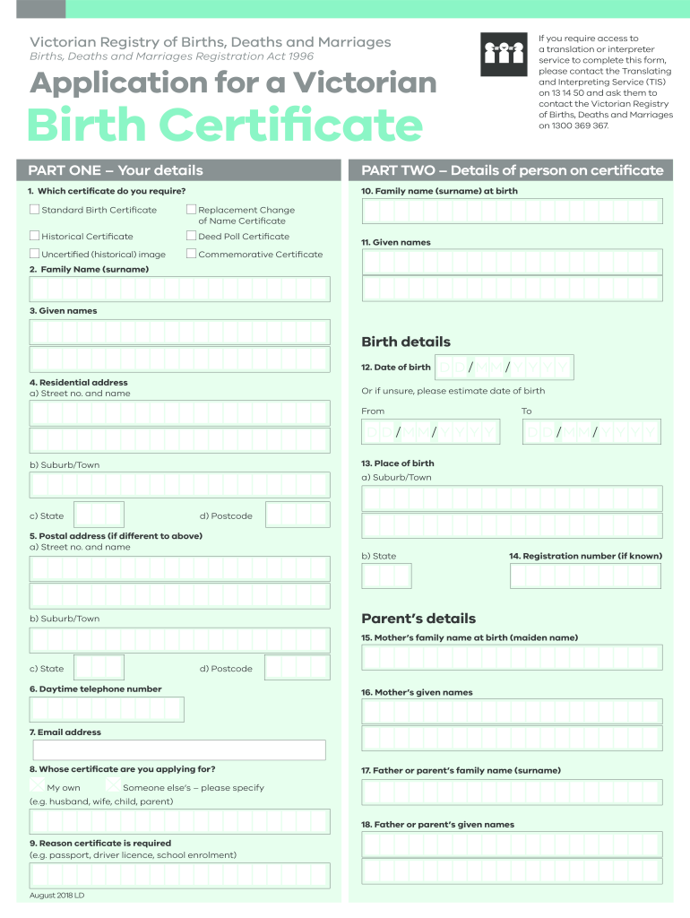 2018 2023 Form AU Application For A Victorian Birth Certificate Fill 