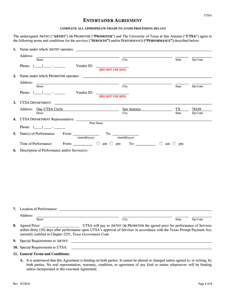 Entertainer, Artist, and Promoter Agreement - UTSA: Fill out & sign ...