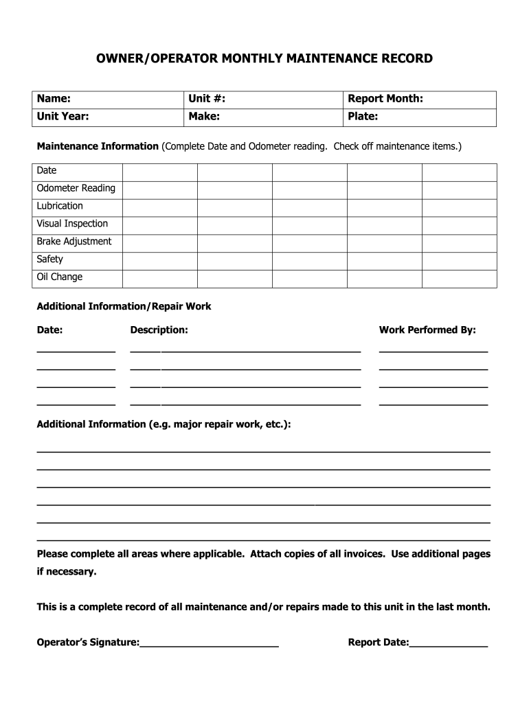 Monthly Maintenance Report Truck Fill Online Printable Fillable Blank PdfFiller