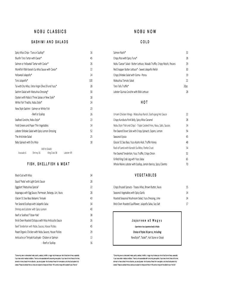 Nobu Menu - Fill Online, Printable, Fillable, Blank | pdfFiller