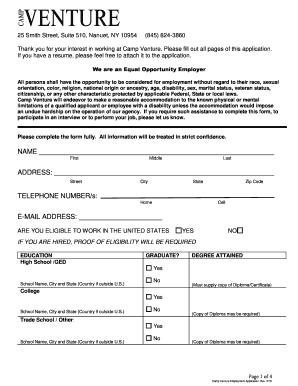 Fillable Online Camp Venture Employment Application Fax Email Print - pdfFiller
