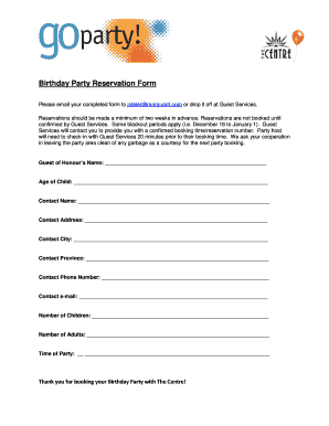 Fillable Online Birthday Party Reservation Form - The Centre Mall Fax ...