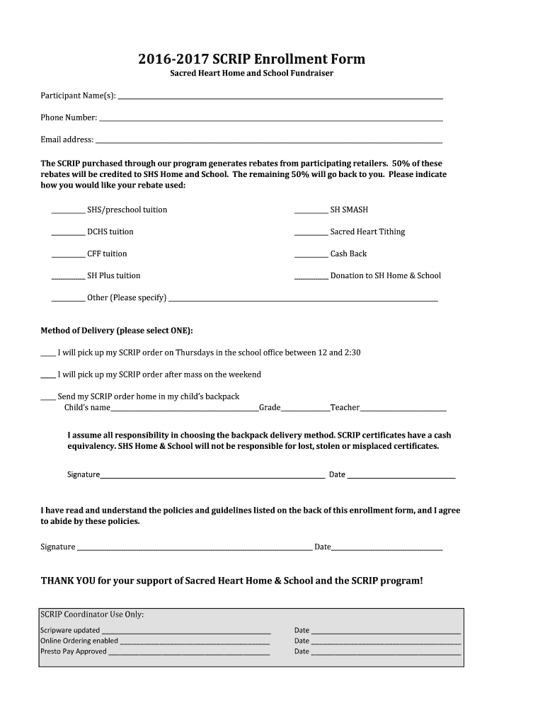 Fillable Online 2016-2017 SCRIP Enrollment Form - Sacred Heart School Fax Email Print - pdfFiller