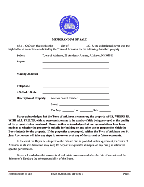 Fillable Online MEMORANDUM OF SALE Seller: Town of Atkinson, 21 Academy ...