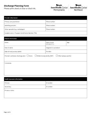 Fillable Online Discharge Planning Form - Providers - AmeriHealth ...