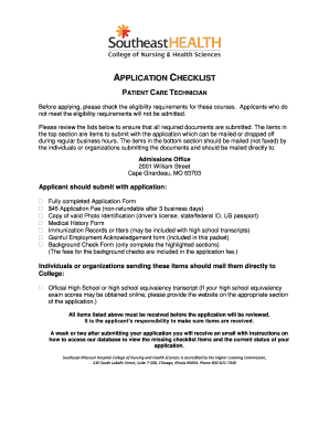 Fillable Online APPLICATION CHECKLIST - SEH College of Nursing Fax ...