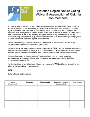 Fillable Online Waterloo Region Nature Outing Waiver & Assumption of ...