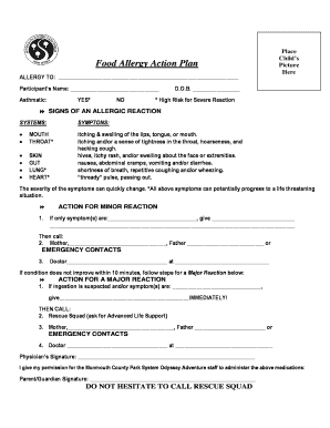 Fillable Online Food Allergy Action Plan Odyssey Adventure Version Fax ...