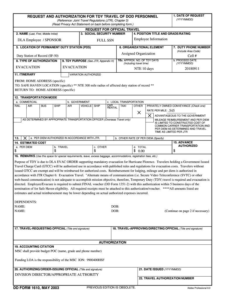 Fillable Online DD Form 1610, Request and Authorization for TDY Travel ...