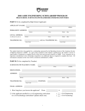 Fillable Online 2018 ASHE Engineering Scholarship Teacher ...