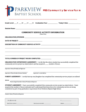 Fillable Online PBS Community Service Form - Parkview Baptist High ...