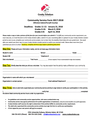 Fillable Online Community Service Form 2017-2018 - Crosby Scholars Fax ...