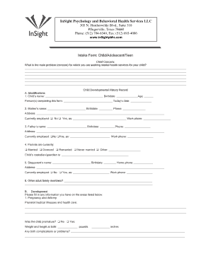 Fillable Online Intake Form: Child/Adolescent/Teen Fax Email Print ...