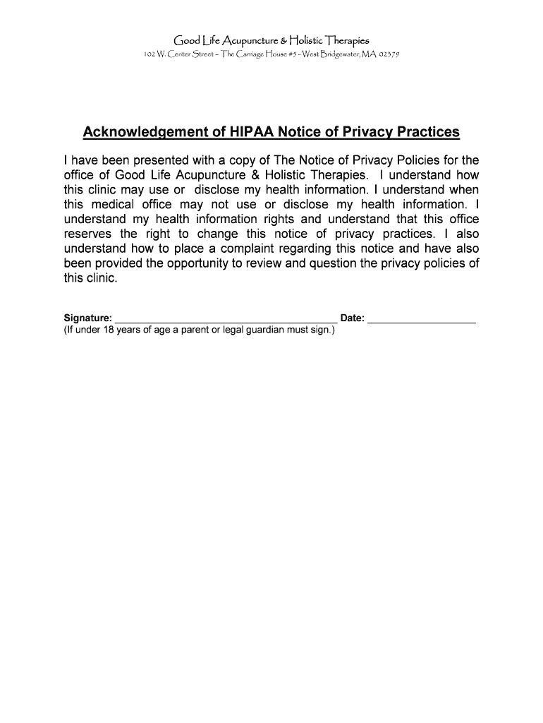 Fillable Online Acknowledgement of HIPAA Notice of Privacy Practices ...