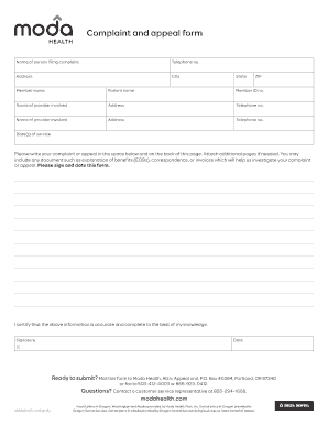 Fillable Online Moda Health Complaint and Appeal Form Fax Email Print ...