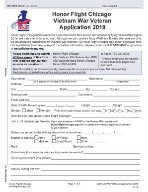 Fillable Online HFC USE ONLY: Honor Flight Chicago Vietnam War Veteran ...