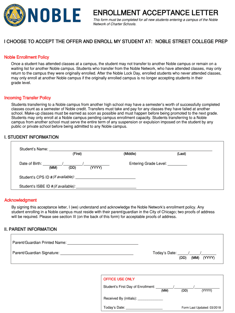 Fillable Online enrollment acceptance letter - Noble Network of Charter ...