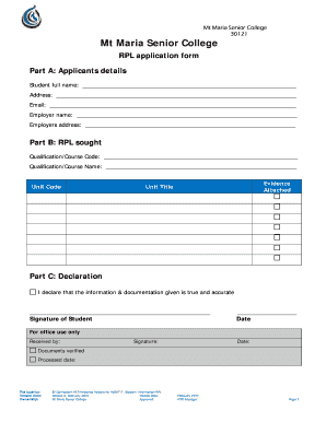 Fillable Online RPL Student Application Form - Mt Maria College Fax ...