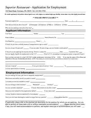 Fillable Online Superior Restaurant - Application for Employment Fax ...