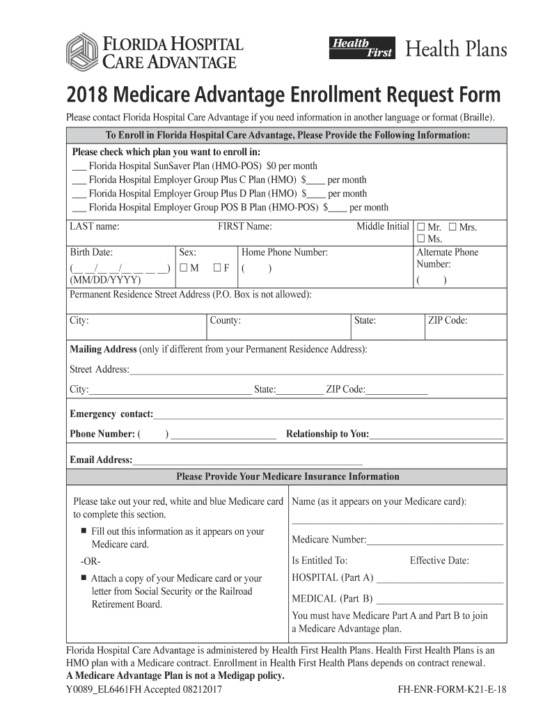 Fillable Online 2018 Medicare Advantage Enrollment Request Form Fax Email Print - pdfFiller