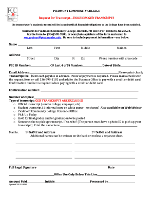 Fillable Online Official North Carolina Transcript Request - Piedmont ...