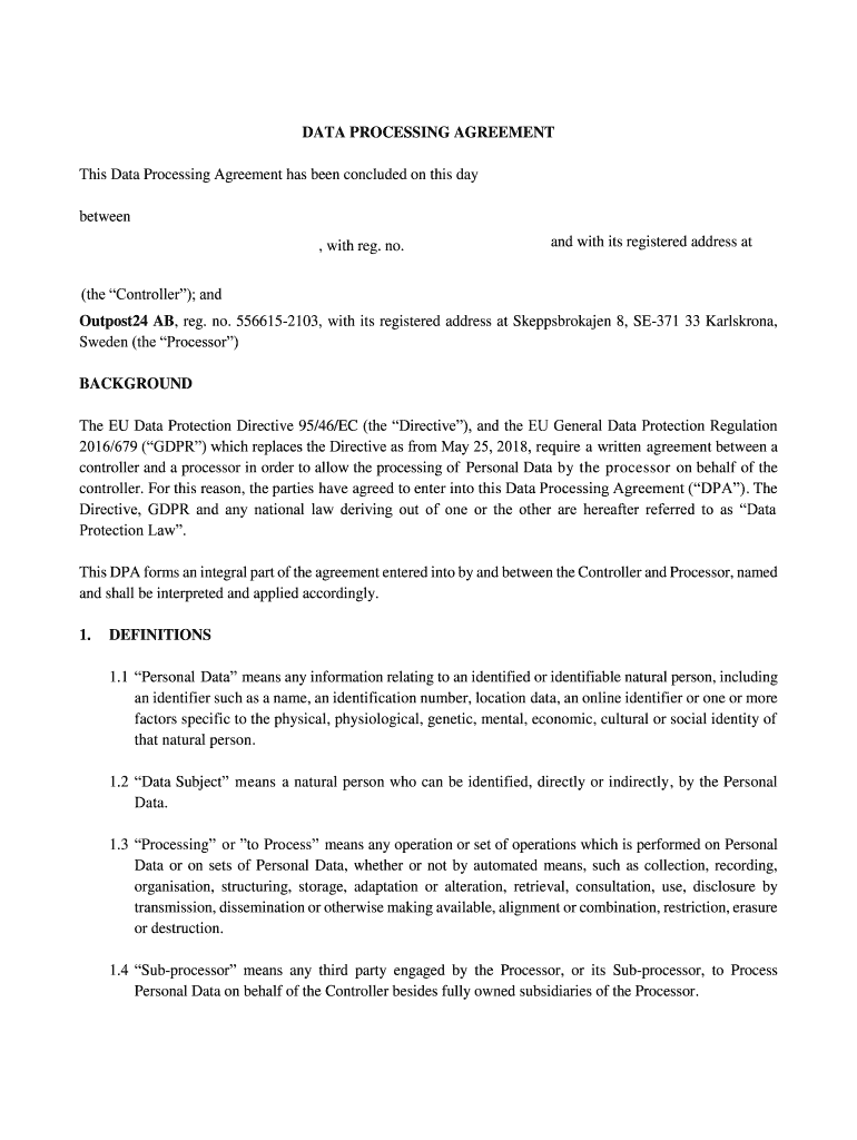 Fillable Online Data Processor Agreement - Outpost24 Fax Email Print ...