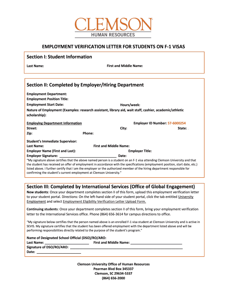 Fillable Online media clemson EMPLOYMENT VERIFICATION LETTER FOR STUDENTS ON F-1 VISAS Fax Email ...