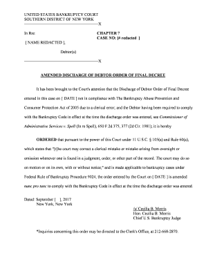 Fillable Online Amended Discharge of Debtor Order of Final Decree - New ...