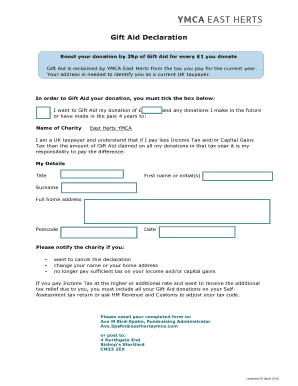 Fillable Online Gift Aid Declaration - YMCA East Herts Fax Email Print - pdfFiller