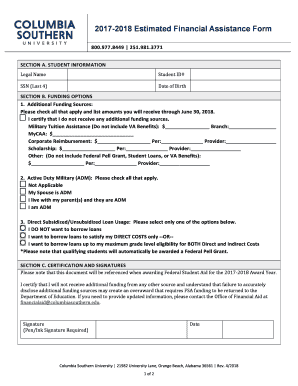Fillable Online 2017-2018 Estimated Financial Assistance Form Fax Email ...